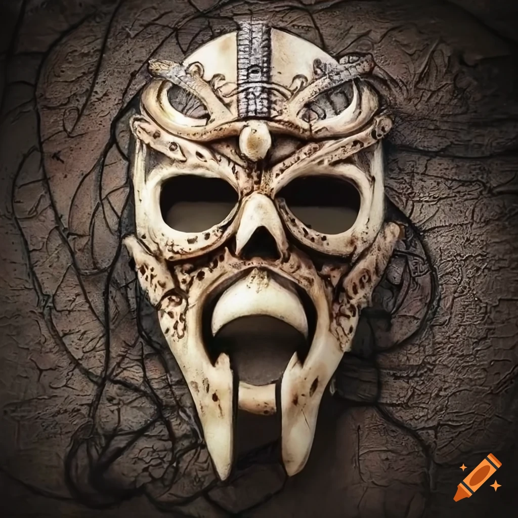 Intricate viking death mask sculpture on textured background on Craiyon
