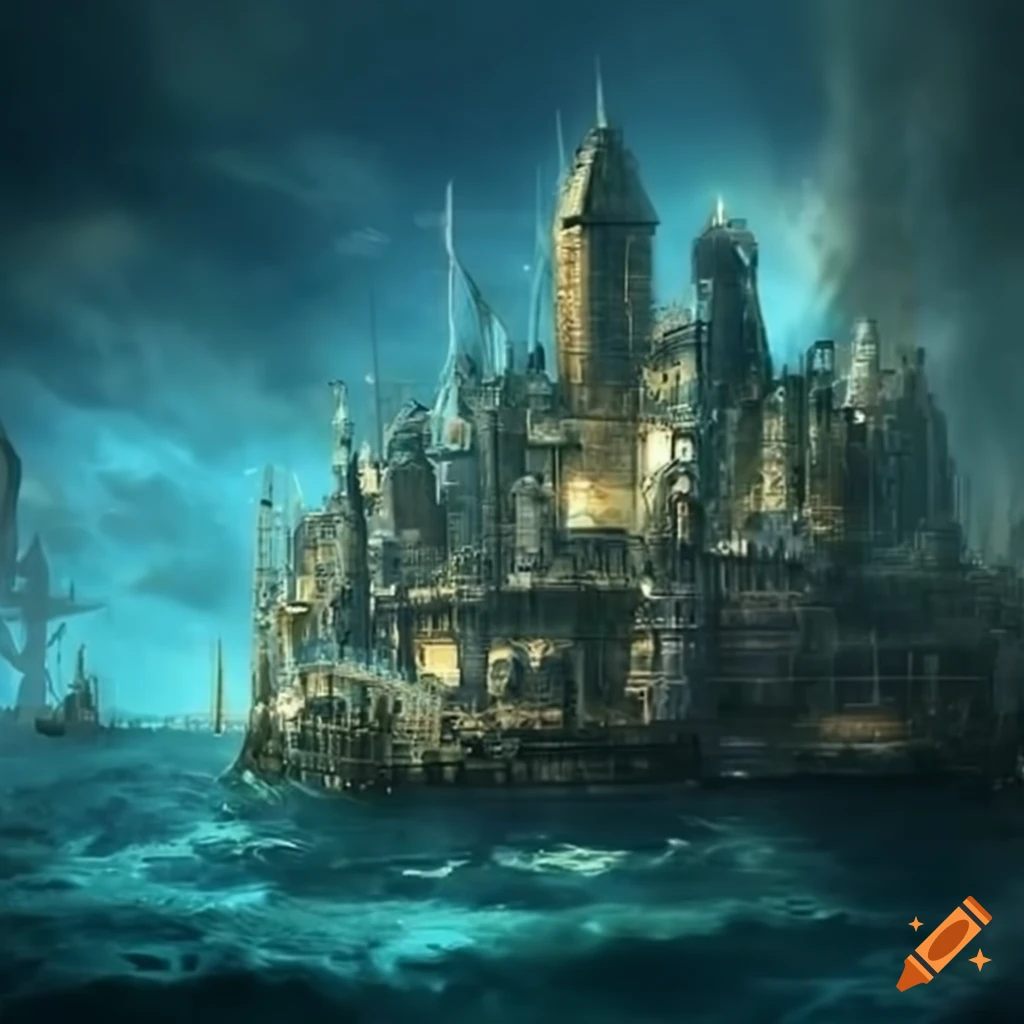 Image of a steampunk city emerging from the ocean
