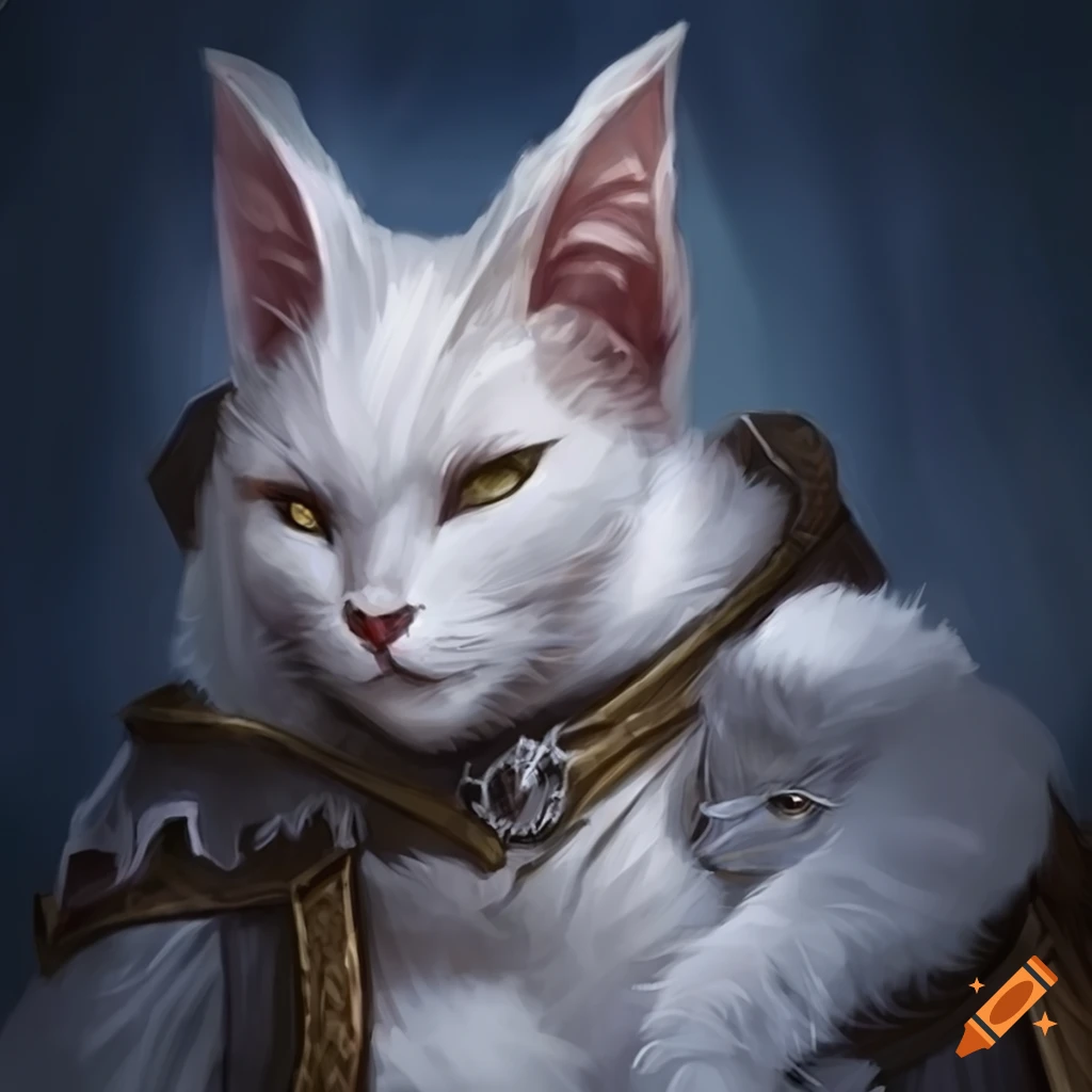 Vlunches champion - white cat lady cleric with black robes on Craiyon