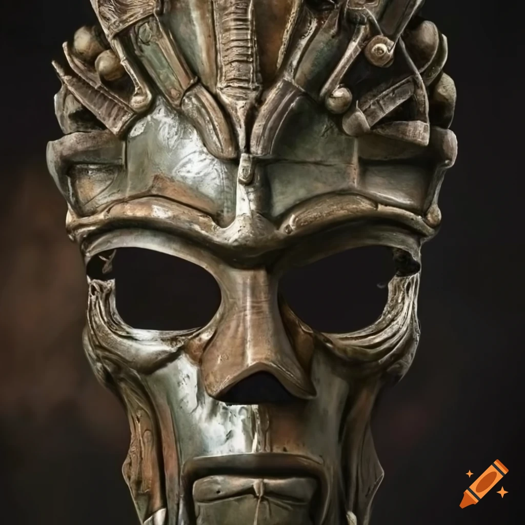 Bronze biomechanical death mask on arena texture background on Craiyon