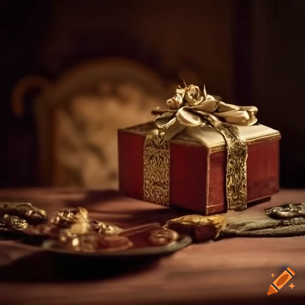 Ancient textile and adorned antique gift box on a table on Craiyon