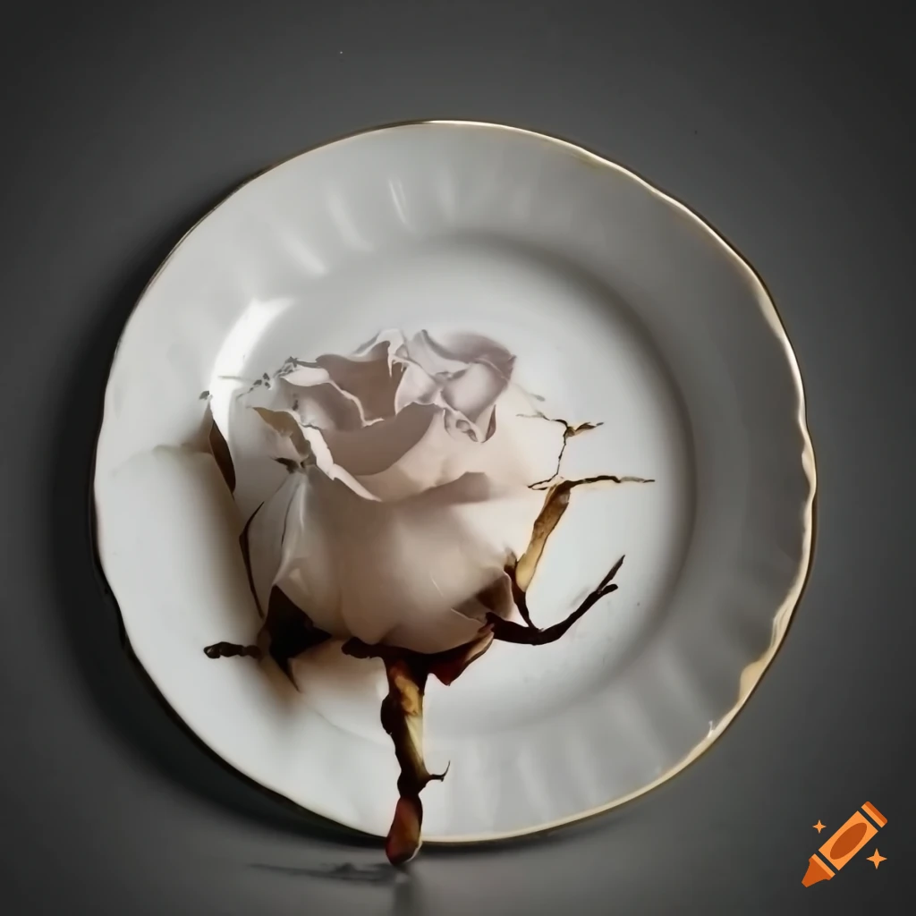 Artistic depiction of shattered china plates with dead roses on Craiyon