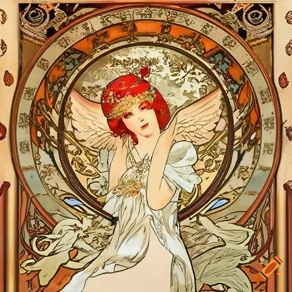 Alphonse Mucha inspired tarot card of two angels embracing on Craiyon