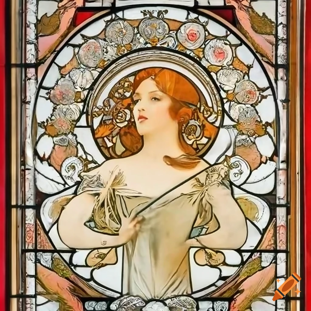 Alphonse mucha artwork featuring two angels with wings on Craiyon