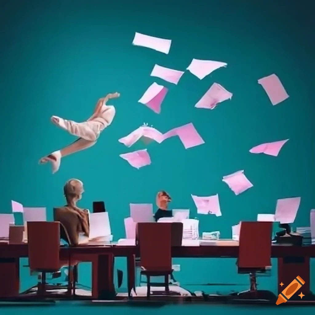 Busy Office With Employees Catching Papers On Craiyon