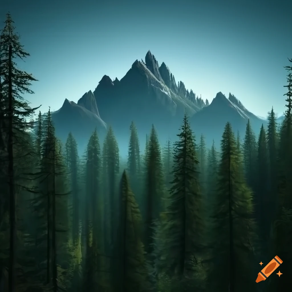 Photorealistic forest with mountains on Craiyon