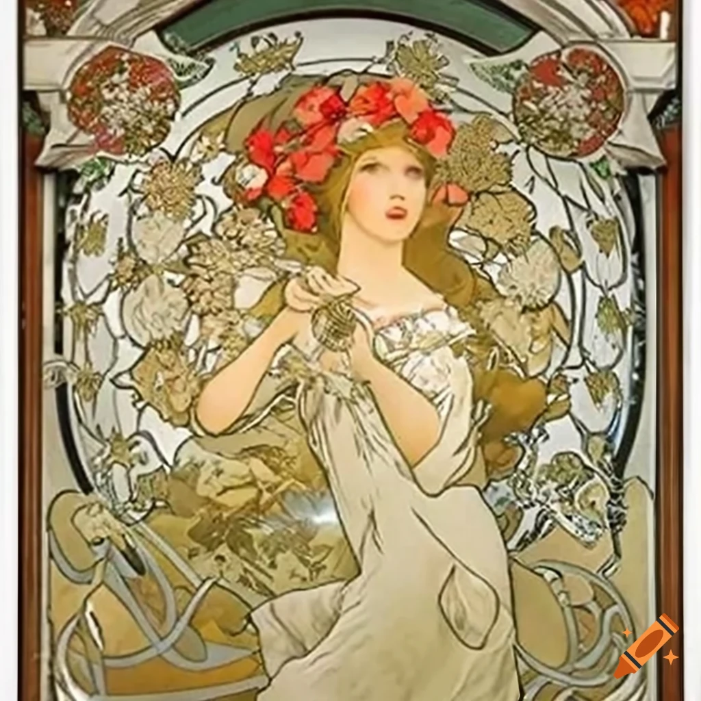 Alphonse mucha artwork of an angel with rosette wings