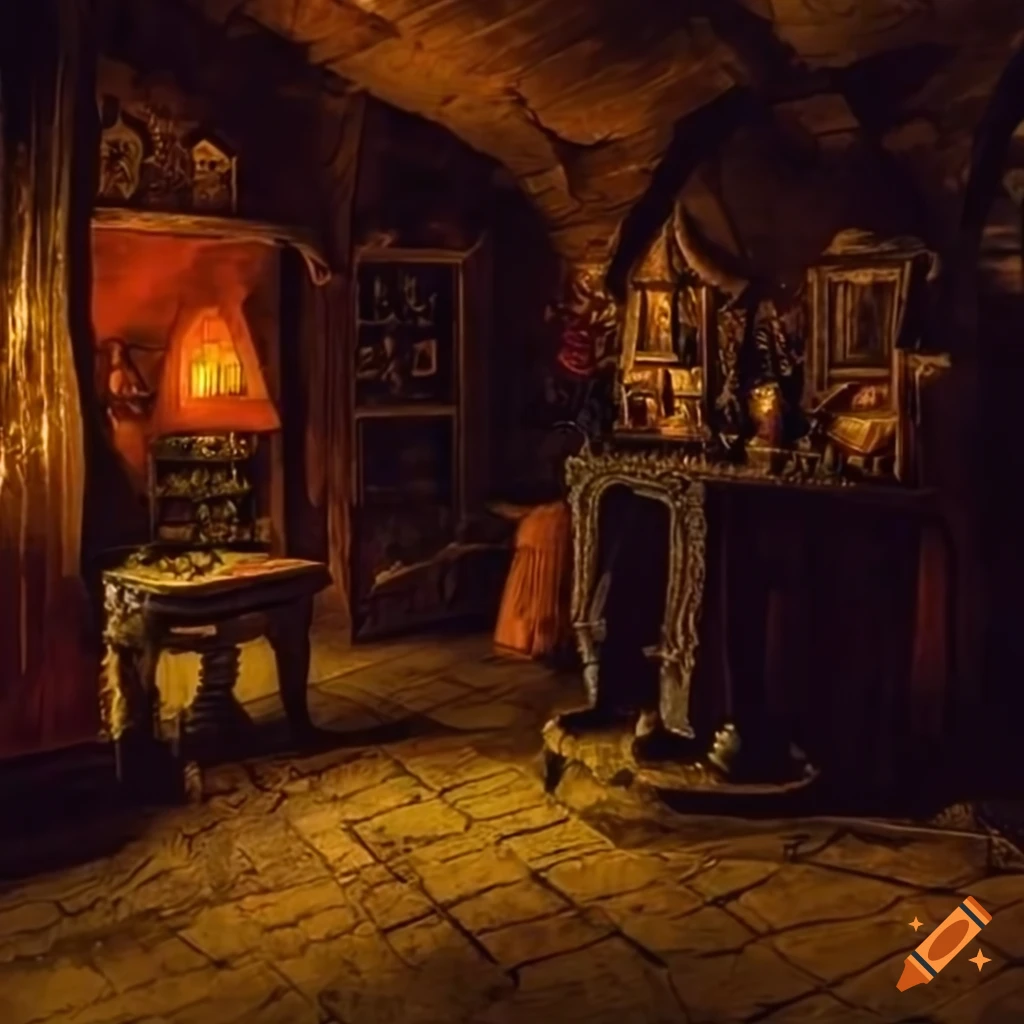 Dark and enchanting interior of a witch's house at night on Craiyon