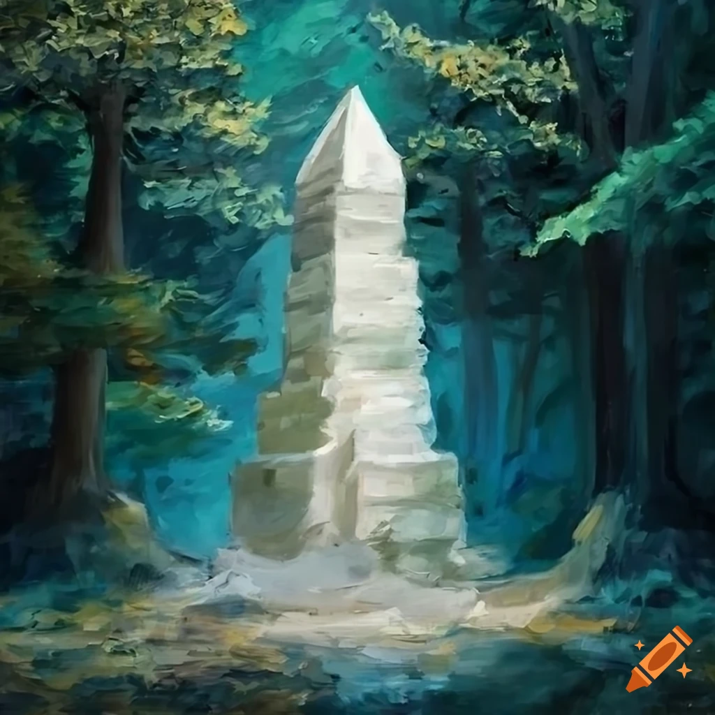 Fantasy oil painting of marble obelisk in a forest on Craiyon