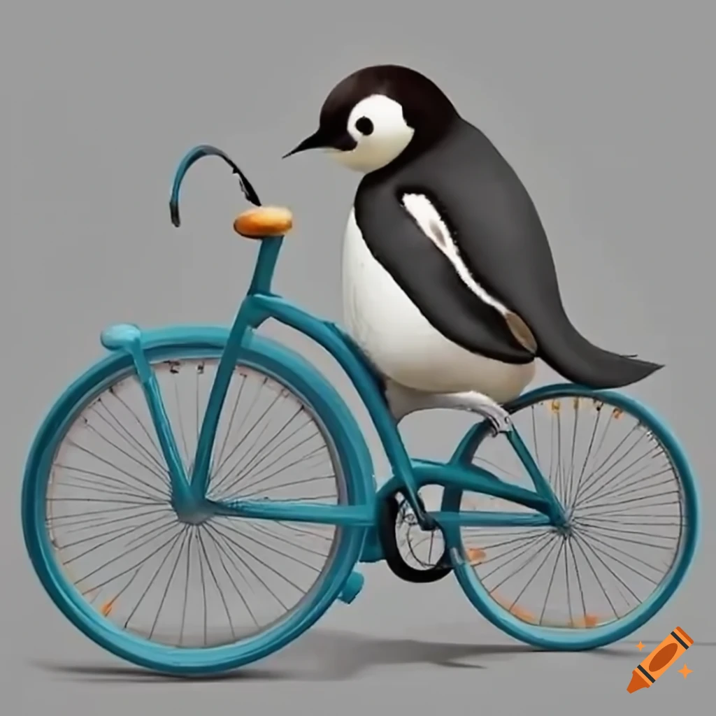 Penguin riding a bicycle with multiple wheels on Craiyon
