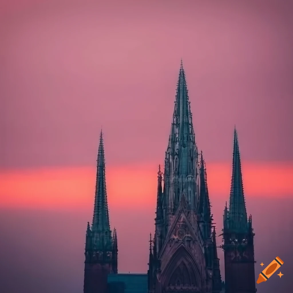 Pink sunset behind a gothic twin-spired cathedral