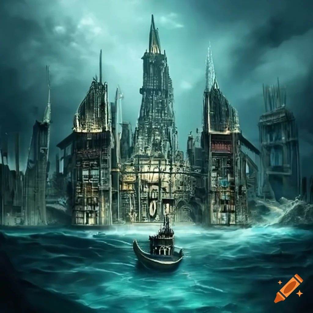 Image of a steampunk city emerging from the ocean