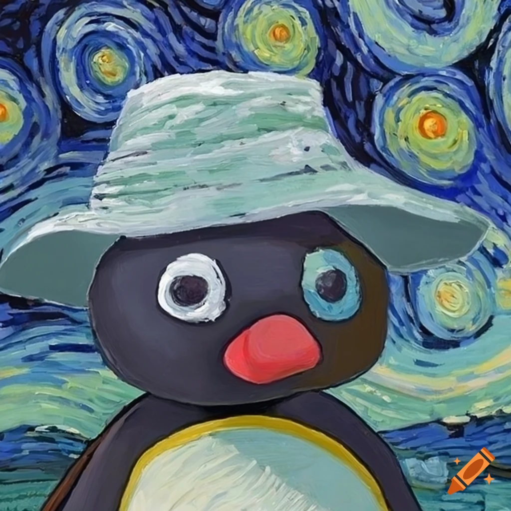 Pingu wearing a bucket hat in van gogh style on Craiyon