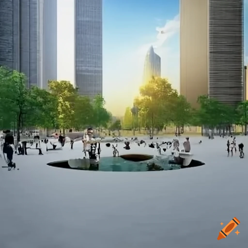 Futuristic public space of concrete and steel with water elements on ...