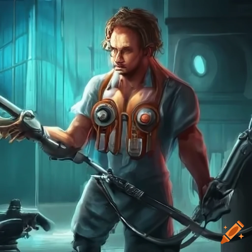 Handsome scientist opening a portal with a magic gauntlet on Craiyon