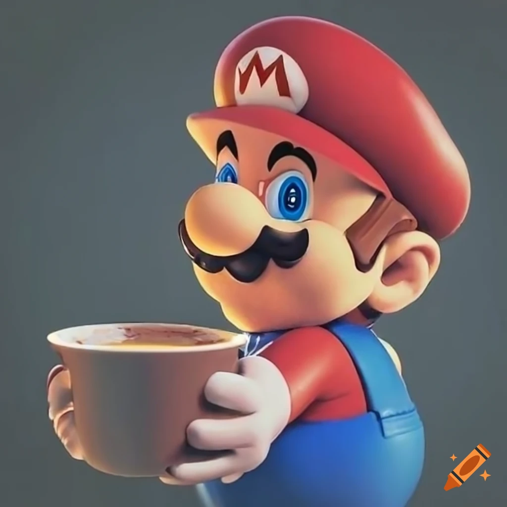 Bored mario holding a hot coffee on Craiyon