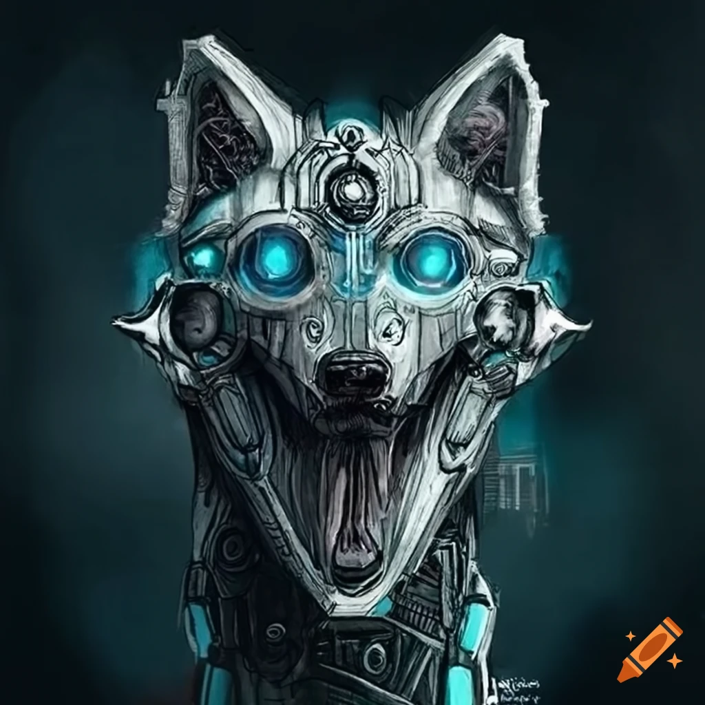Intricately detailed robotic wolf prepared for battle on Craiyon