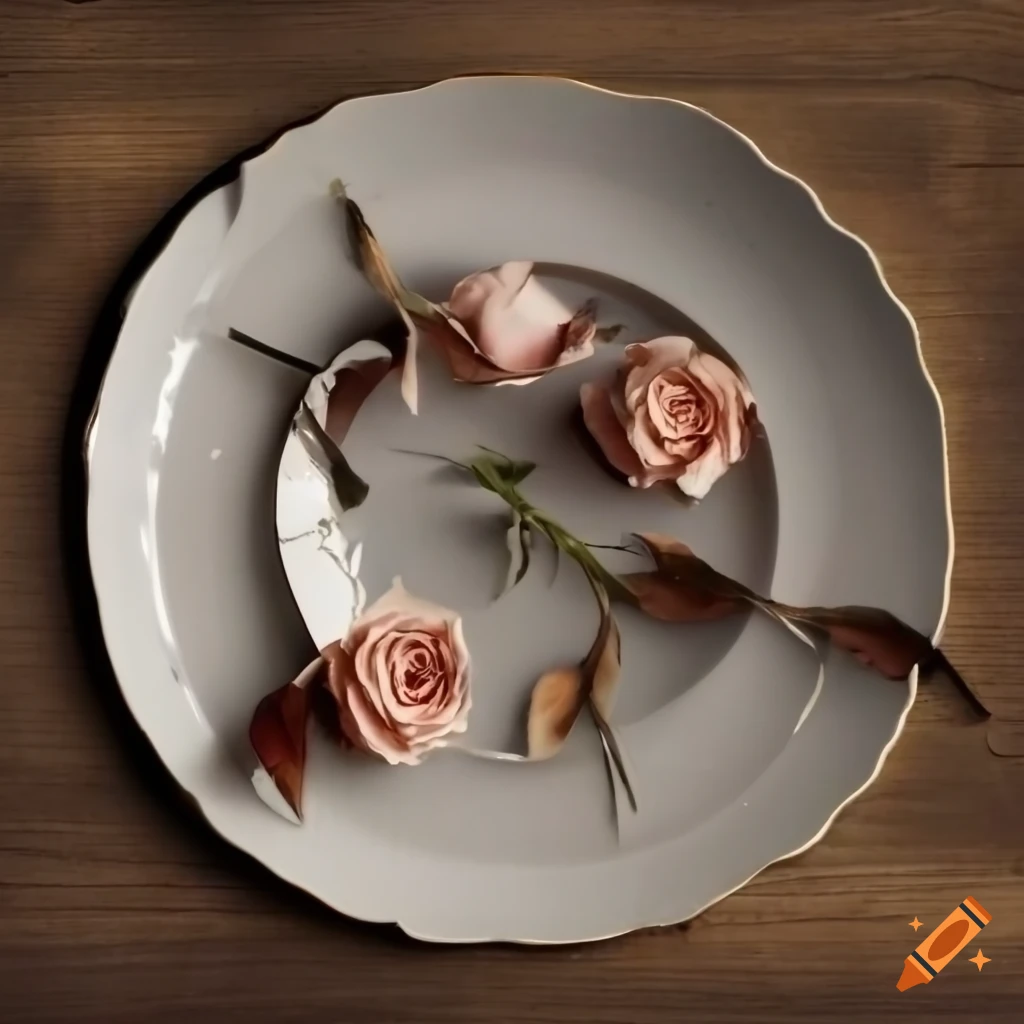 Artistic depiction of shattered china plates with dead roses on Craiyon