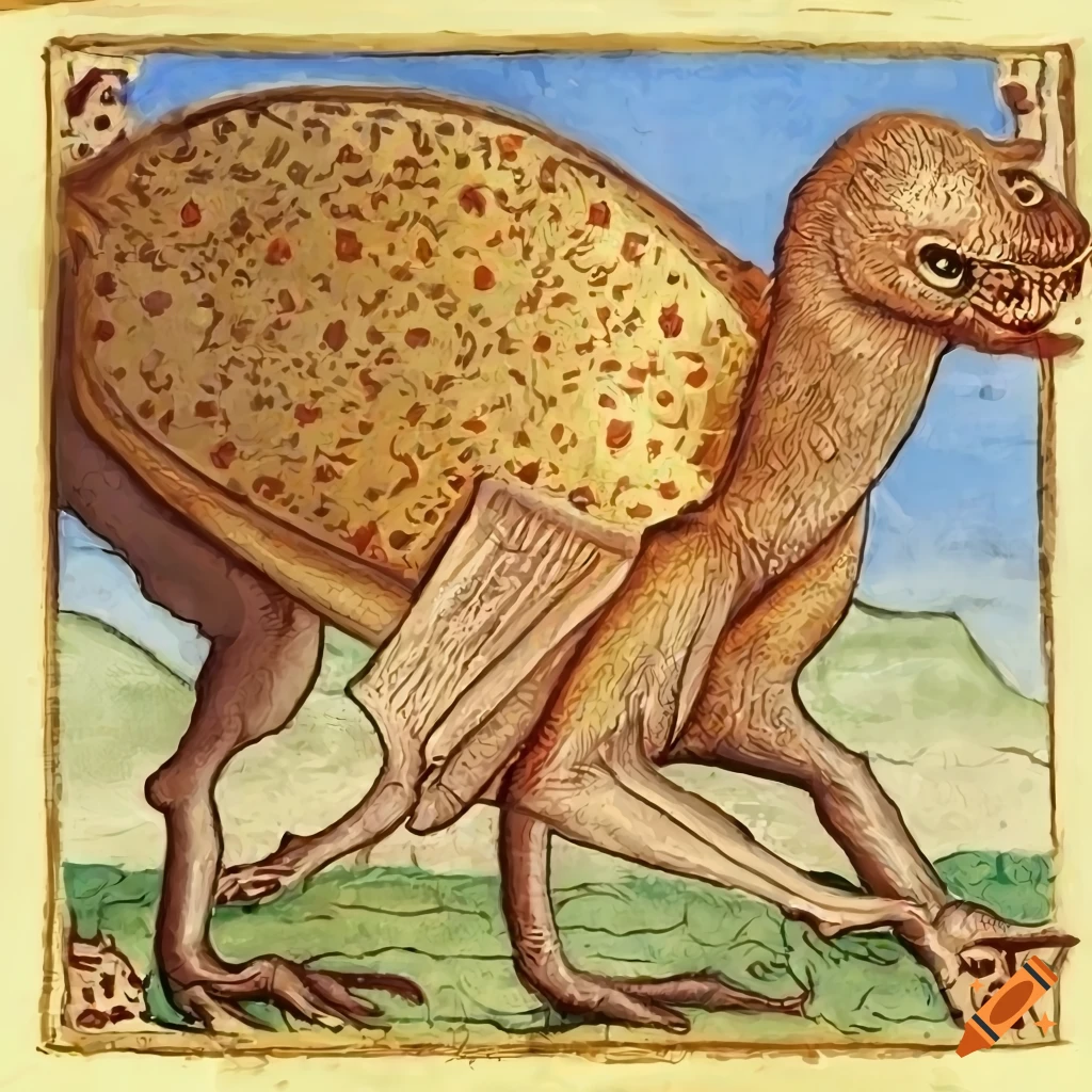Color illustration of creatures from a medieval bestiary on Craiyon
