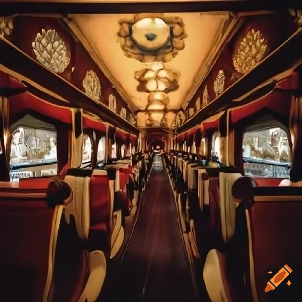 Realistic Efteling-style train interior looking outside to a fairy tale ...