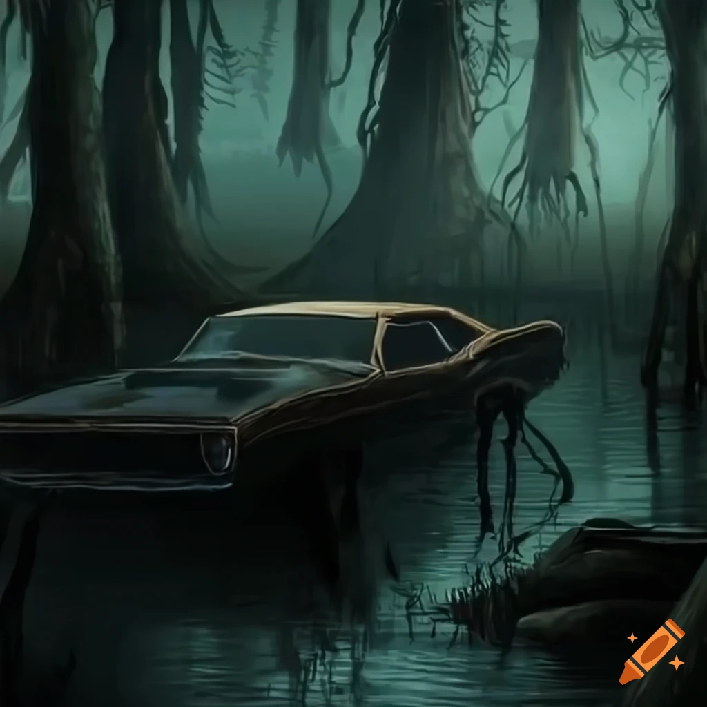 Spooky scene of a hemi cuda racing through a haunted swamp on Craiyon