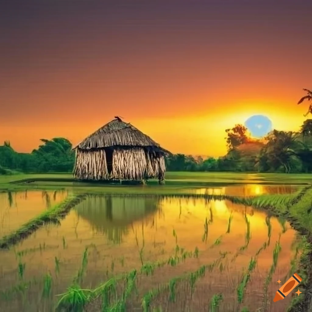 Sunset over a rice field with a small creek and hut on Craiyon