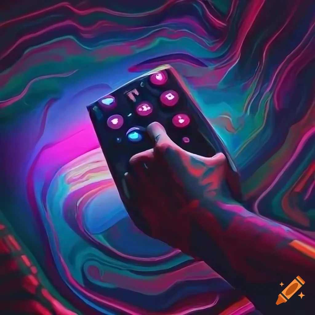 Digital illustration of hand pressing tv remote control button on Craiyon