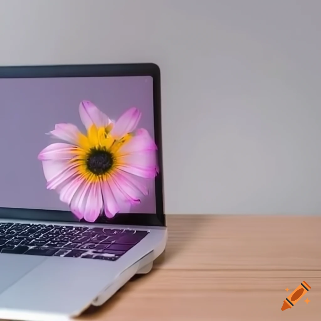 Smiling flower next to laptop computer