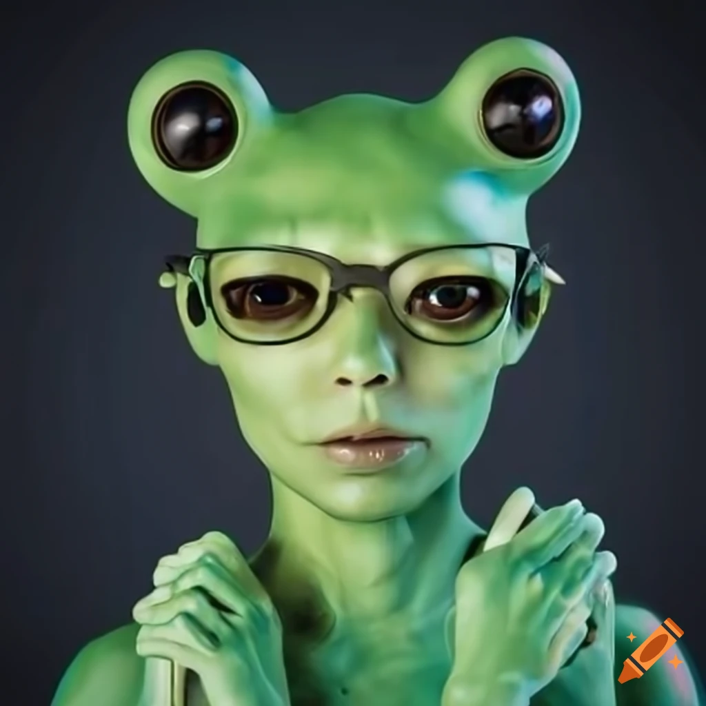 Female frog alien humanoid with clothes and glasses on Craiyon