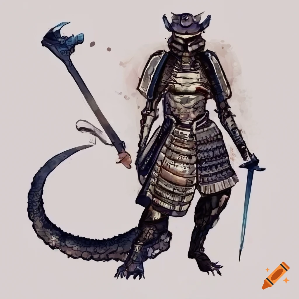 Watercolor concept art of a futuristic samurai lizard woman on Craiyon