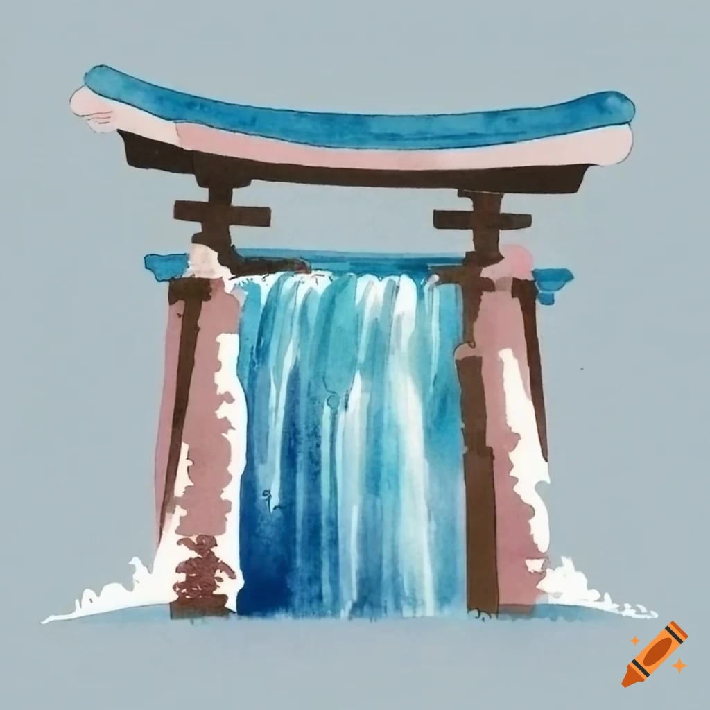 Ukiyo-e artwork of a waterfall with a torii gate on Craiyon