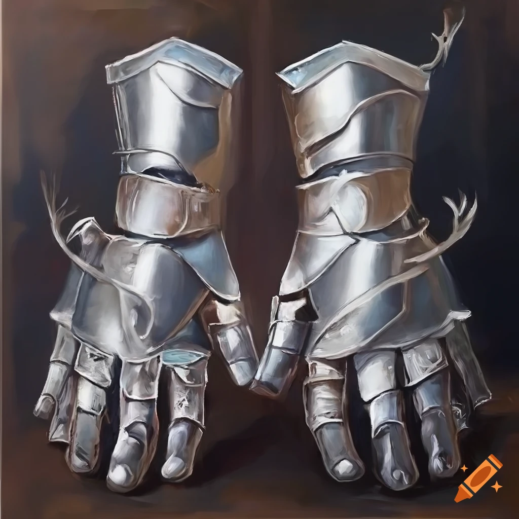 Oil painting of a shining armored glove on Craiyon