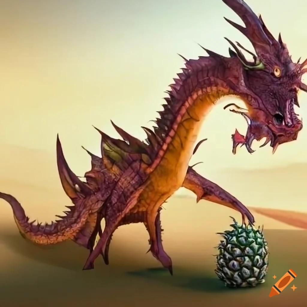 Dragon with a pineapple in a desert
