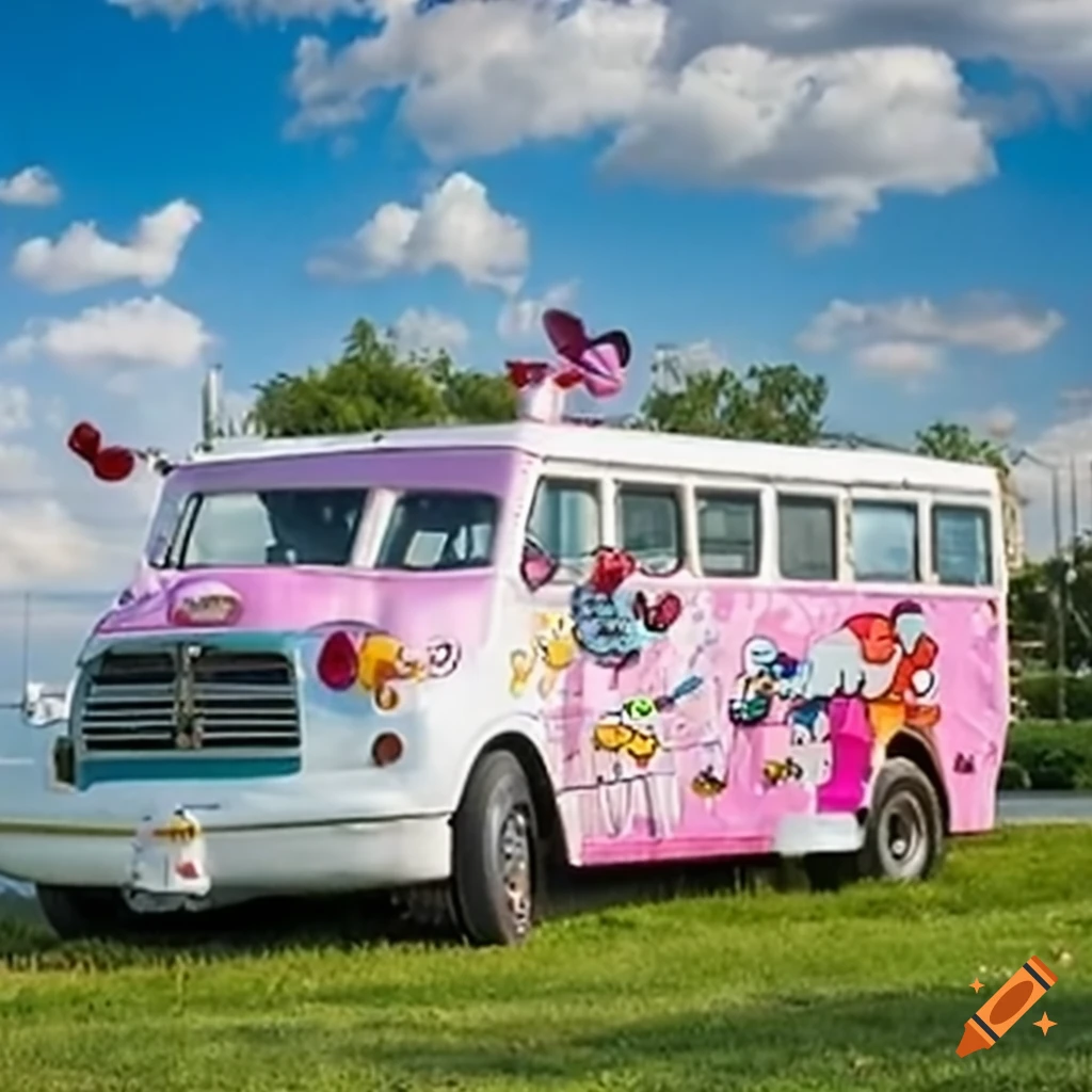 Hello kitty-themed bus on the road on Craiyon