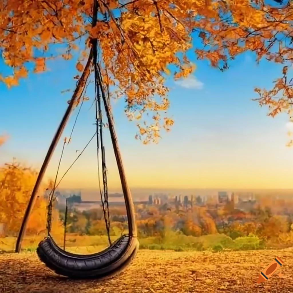 Fall scene with a tire swing overlooking a skyline on Craiyon