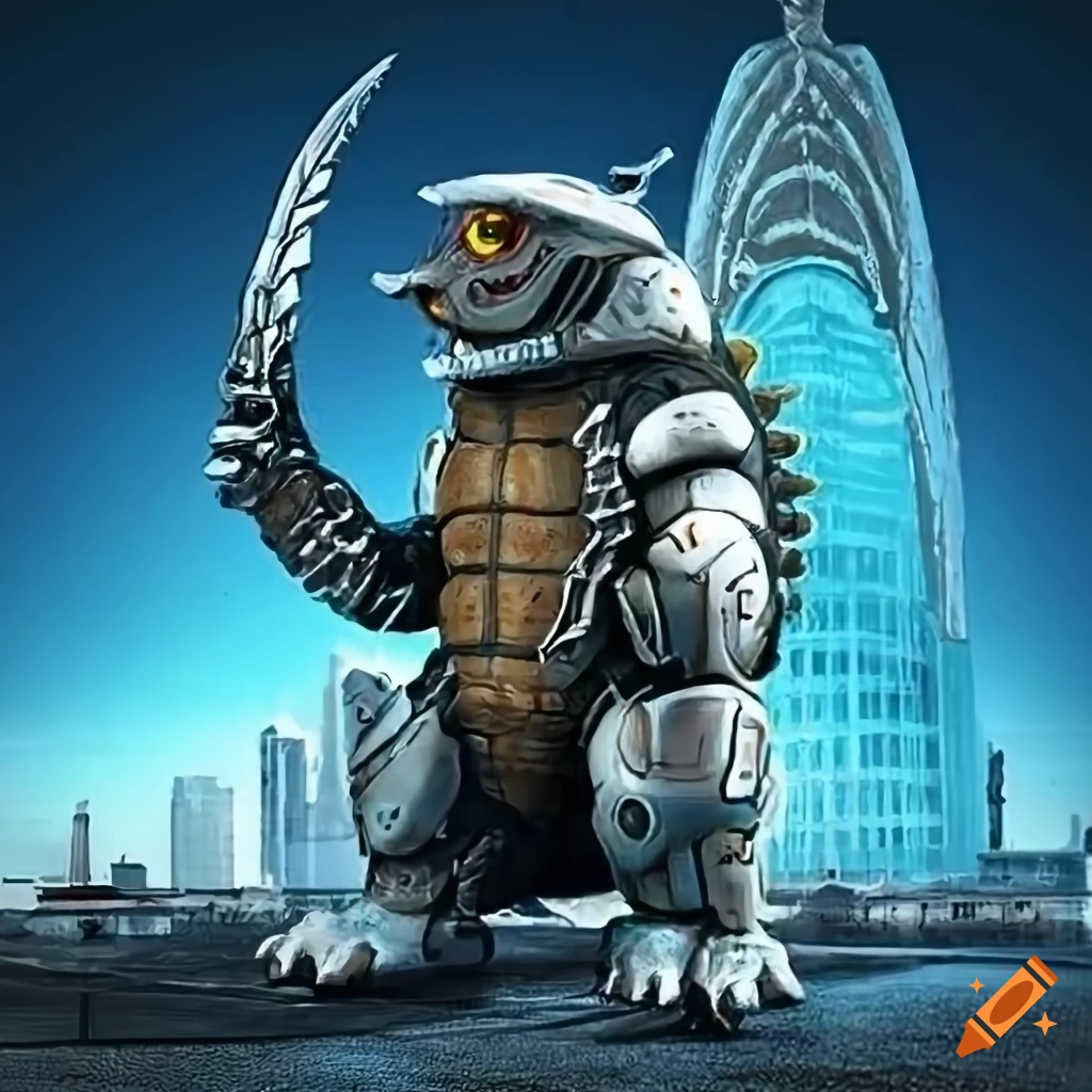 Illustration of a futuristic megalon-style cyborg turtle kaiju on Craiyon