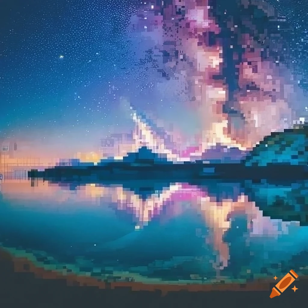 Pixel art of a beach under a galactic sky on Craiyon