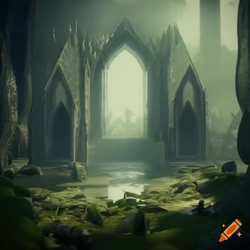 Mystic moss-covered cathedral with flowing water and crystals on Craiyon