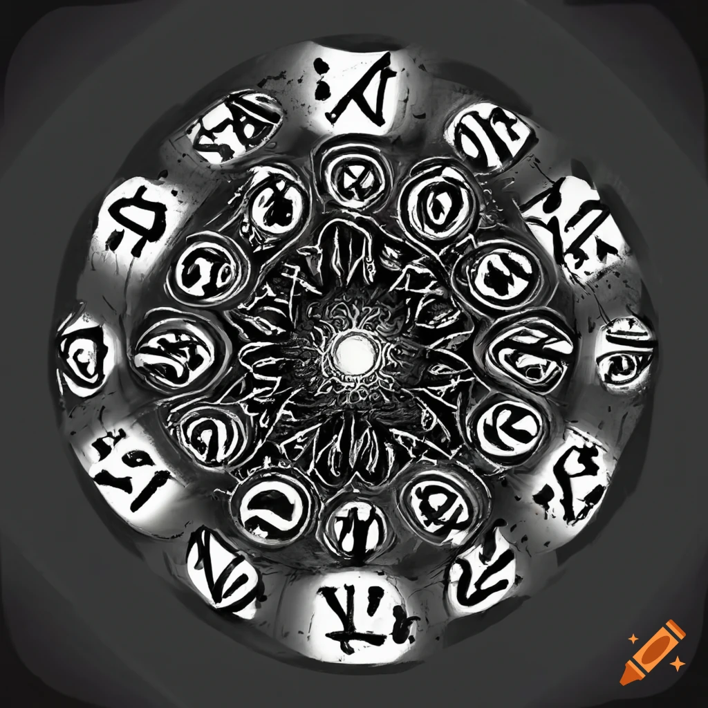 Black and white rune circle with mystical symbols on Craiyon