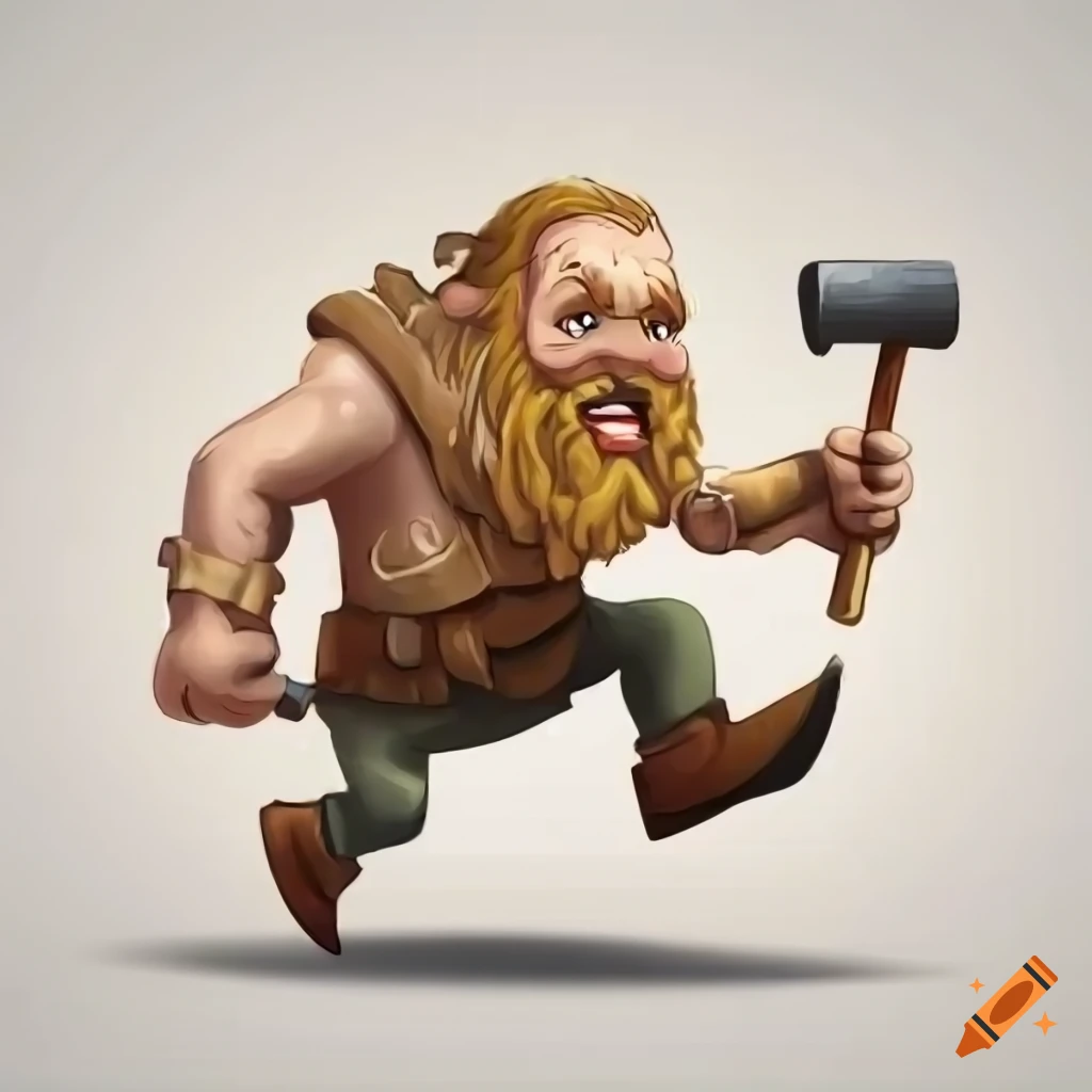 Cartoon dwarf running scared with a hammer on Craiyon