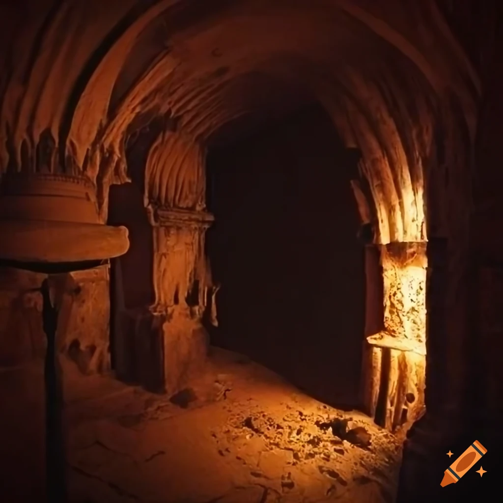 Digital sculpture of catacomb room with ancient history and skeleton on ...