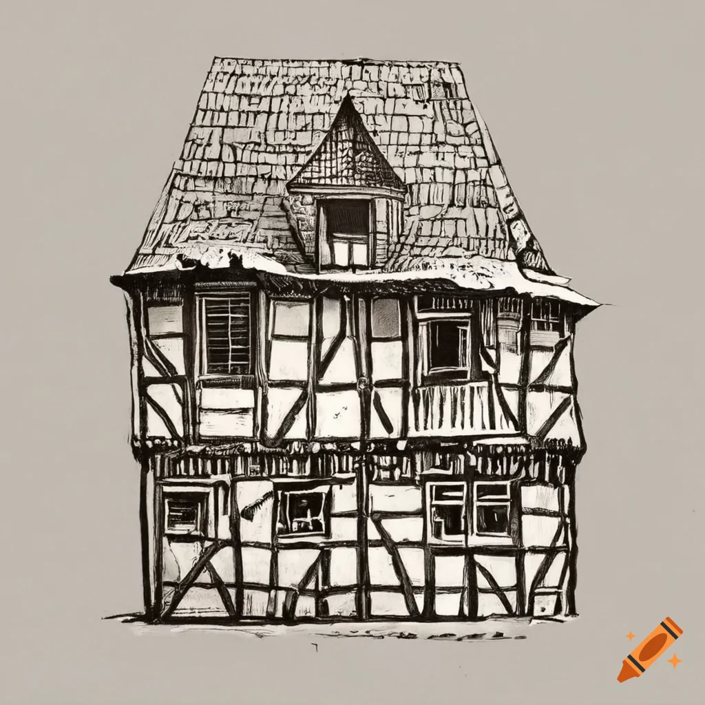 Etching of a medieval village square with half-timbered houses on Craiyon