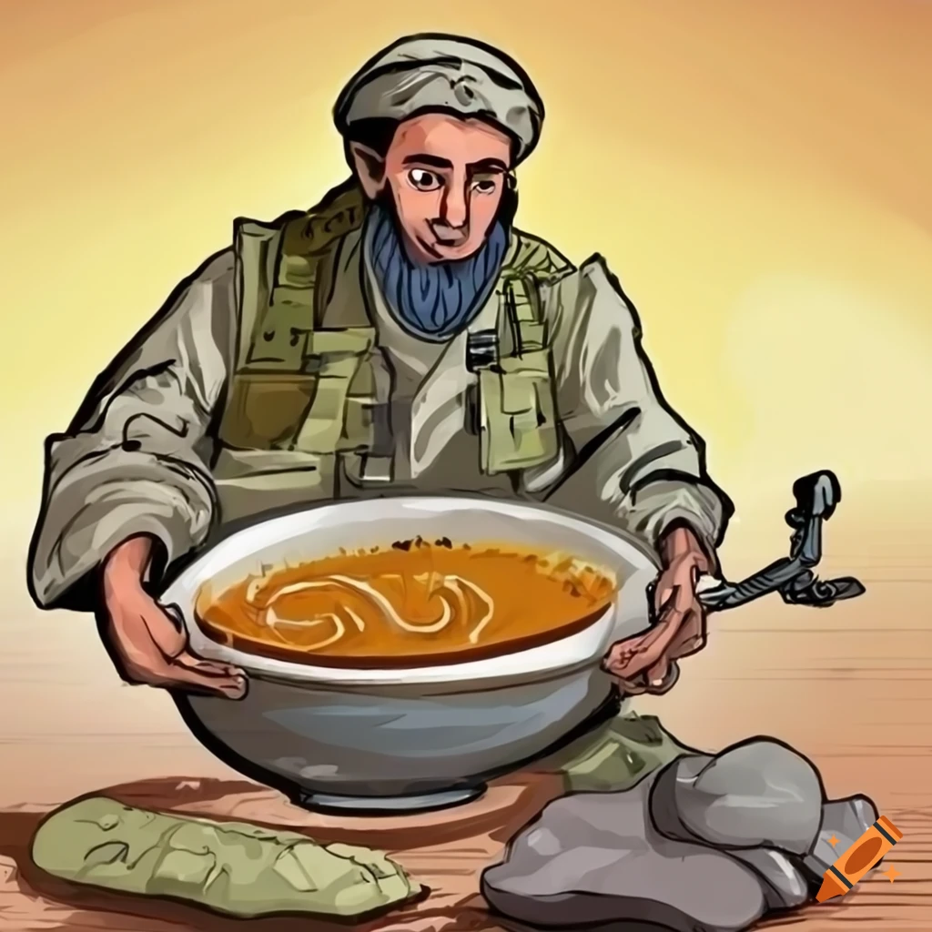 Cartoon illustration of a satirical Al Qaeda soldier as a bowl of soup ...