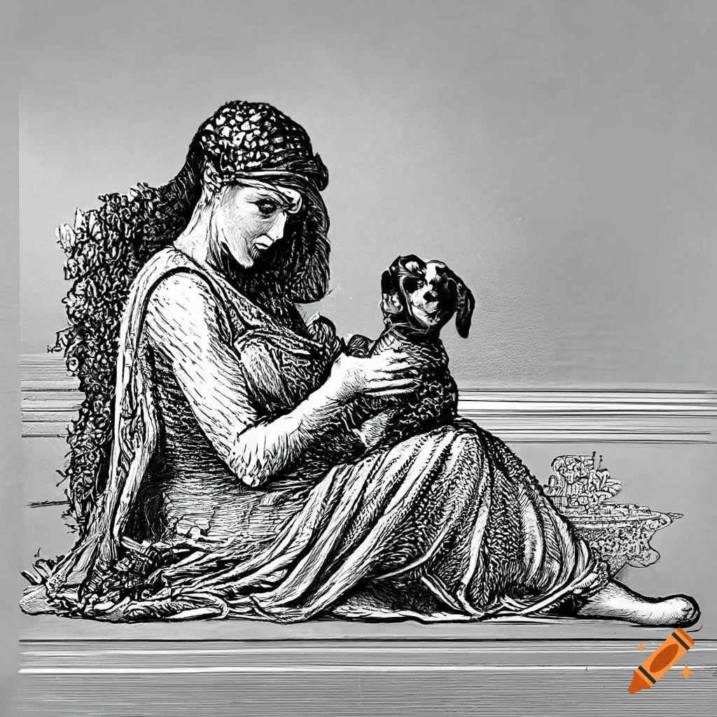 Detailed illustration of a female rogue sewing a puppy on Craiyon