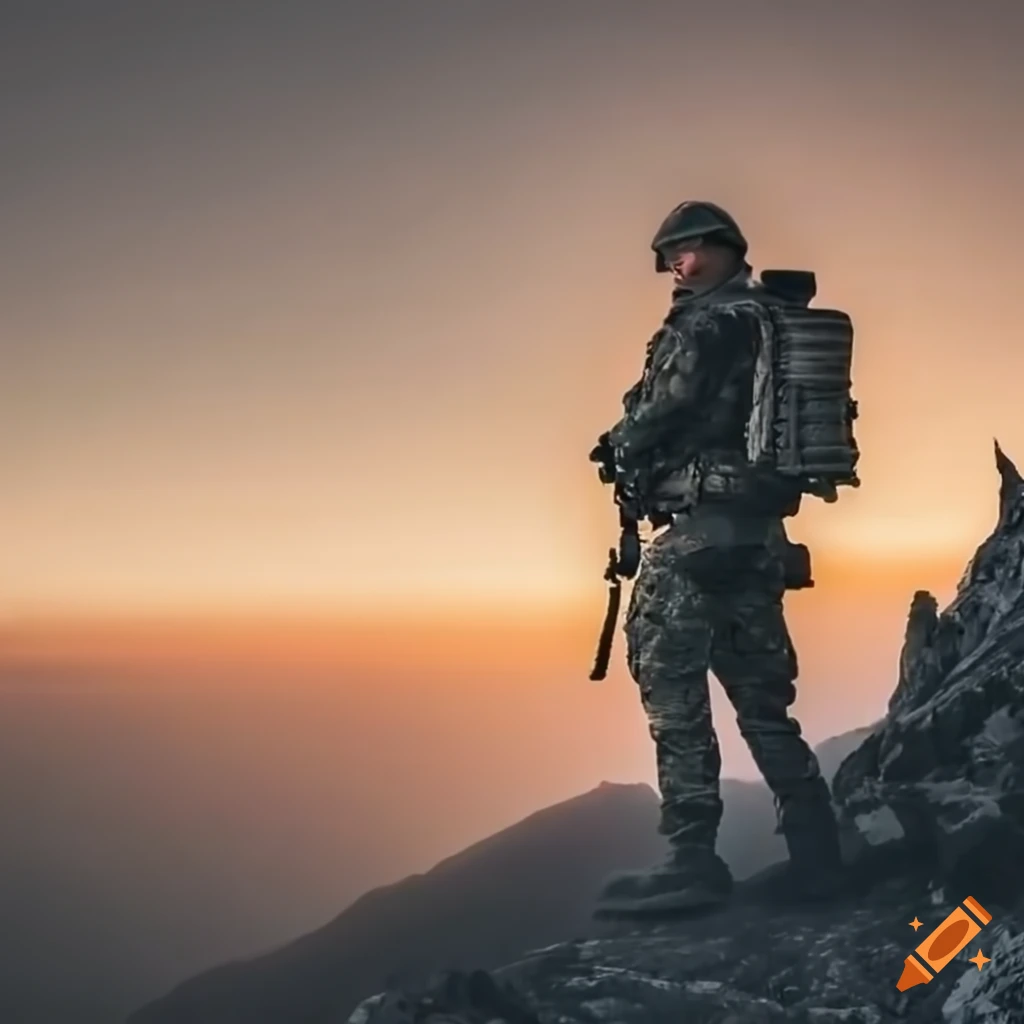 Black and white photo of a soldier watching sunrise on a mountain on ...