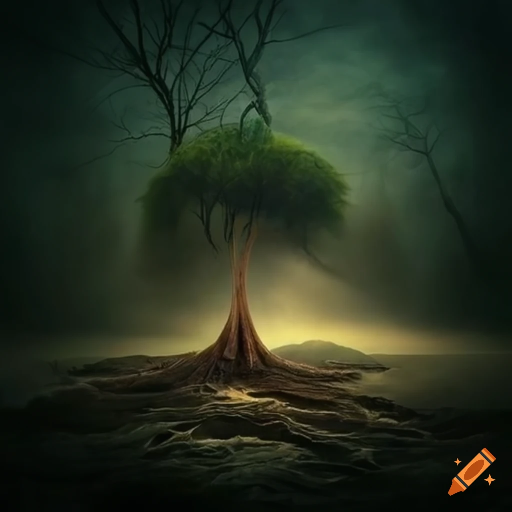 Surreal park with strange creatures, surrealistic trees, and eye-shaped ...