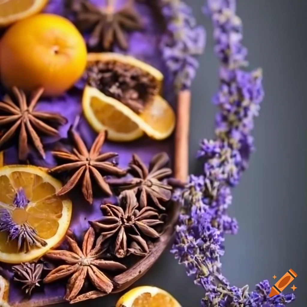 Lavender, star anise, cinnamon and citrus fruits on a tray under the ...