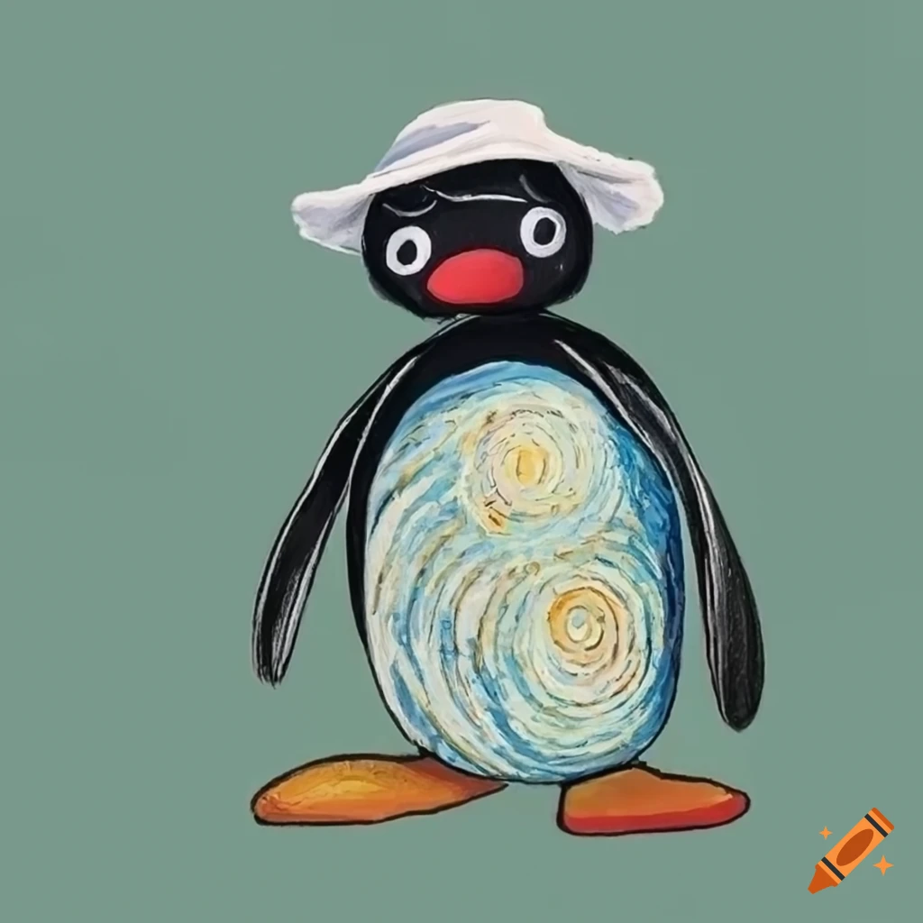Pingu in a van gogh style with a bucket hat