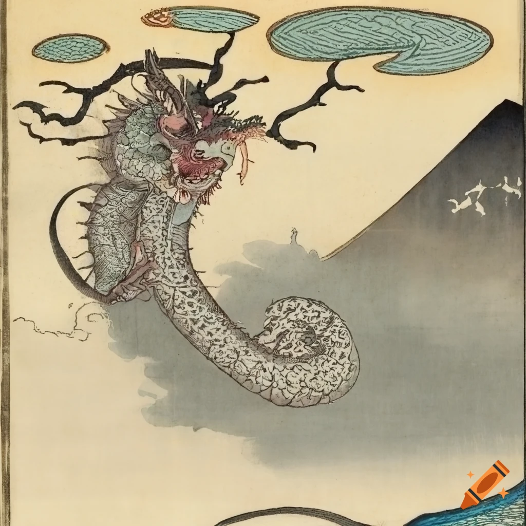 Ukiyo-e style dragon flying over mountains on Craiyon