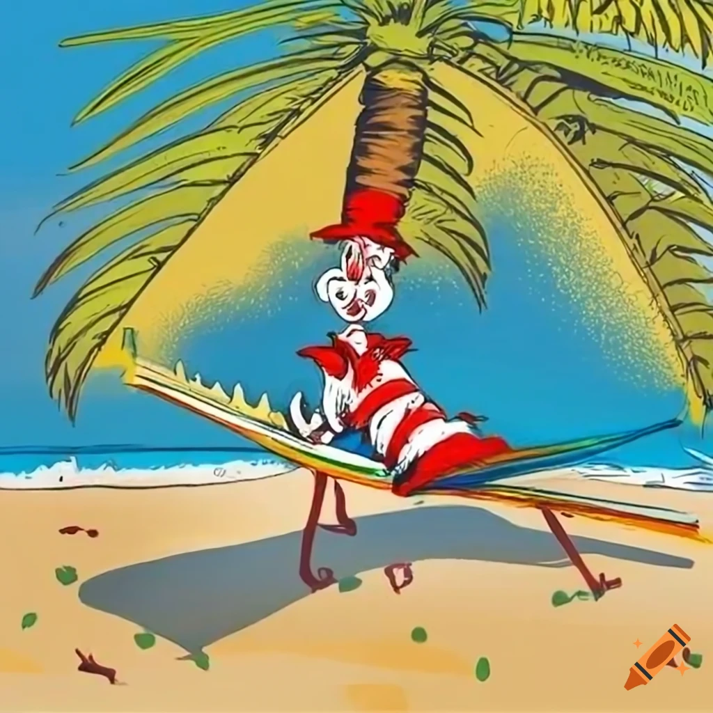 Colorful book illustration of a man in a hammock on a beach on Craiyon